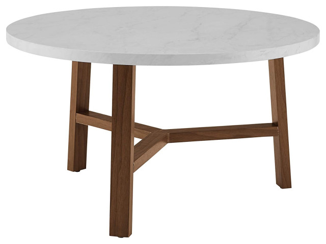 Retro Modern Coffee Table, Acorn Finished Legs & Round Faux Marble Top ...