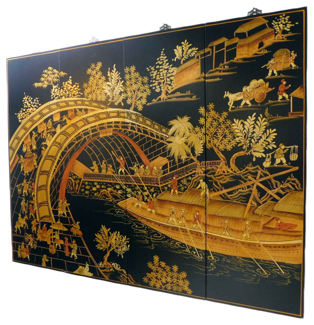 48" Hand-Painted River Town Oriental Wall Panel - Asian - Wall Accents ...