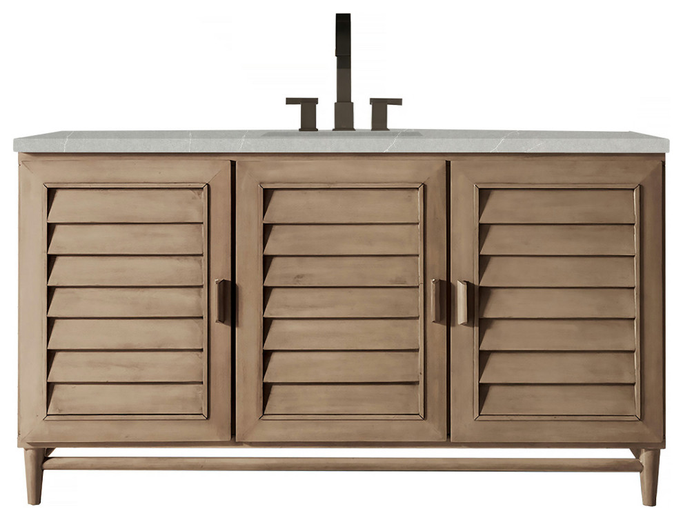 Portland 60" Single Vanity Whitewashed Walnut, w/ 3 CM Eternal Serena ...