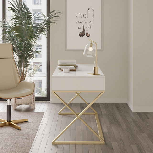 55" White Office Desk With Drawer Rectangular Modern Computer Desk ...