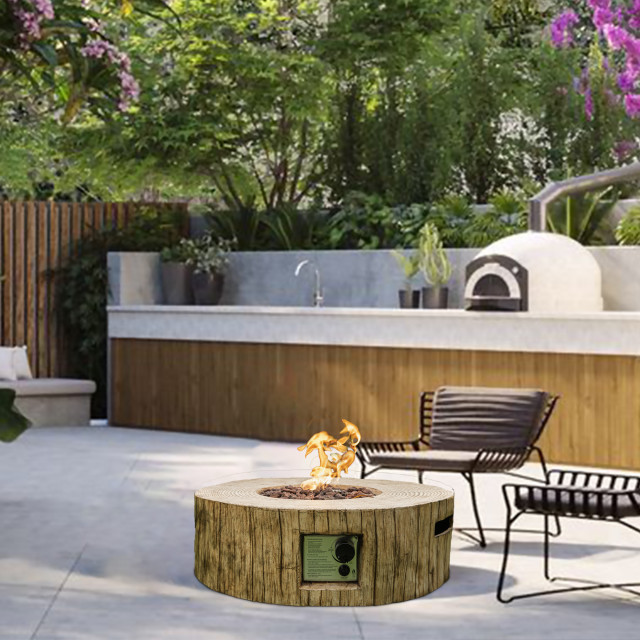 Round Faux Stone Outdoor Fire Pit with Rain Cover - Rustic - Fire Pits ...