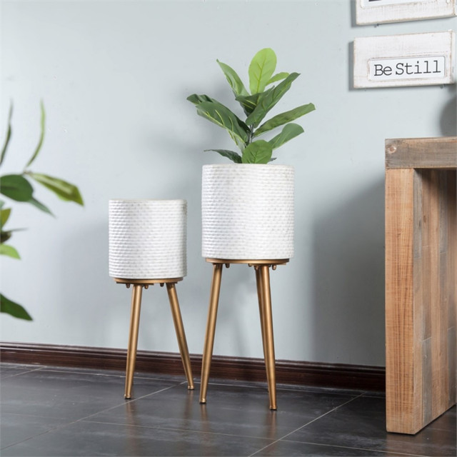 LuxenHome Set of 2 White Dimpled Metal Cachepot Planters with Bronze ...