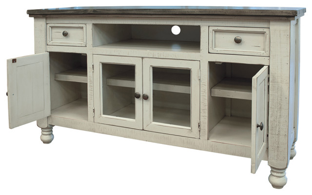 60" Ivory Solid Wood Open shelving Distressed TV Stand - French Country ...