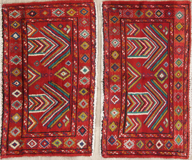 Consigned, Set Of Two Bokhara Geometric Hand Made Oriental Rugs, Red, 1 ...