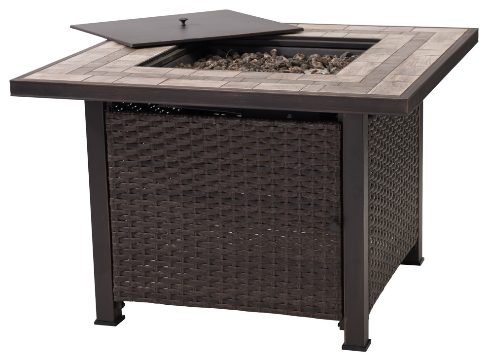 Sunjoy 38" Outdoor Patio Brown Square All-Weather Wicker Fire Pit Table ...