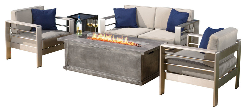 4-Piece Outdoor Aluminum Fire Table Sofa Set - Contemporary - Outdoor ...