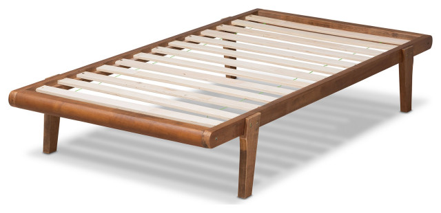 Retro Modern Platform Bed, Walnut Brown Rubberwood Frame With Angled ...