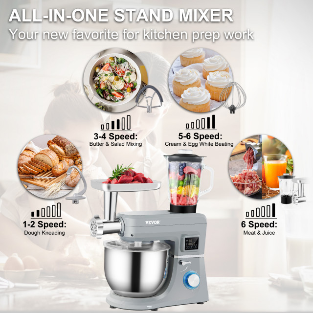 VEVOR 660W Stand Mixer 7.4Qt 6-Speed Tilt-Head Dough Mixer with Grinder ...