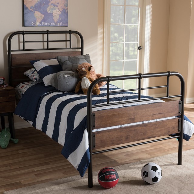 Monoco Rustic Industrial Black Metal Coco Brown Wood Platform Bed, Twin ...