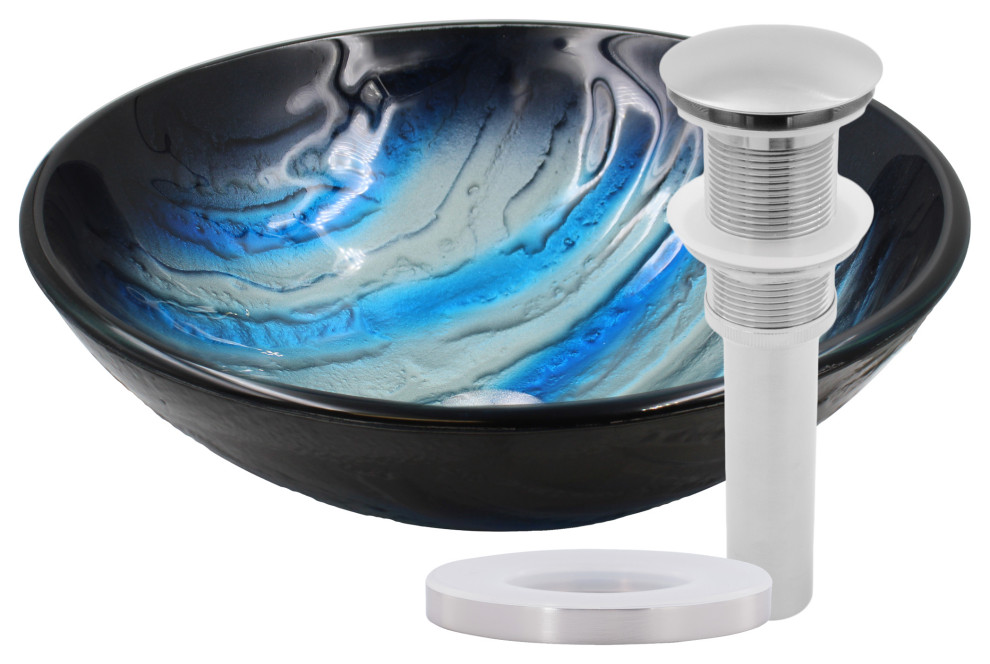 Tigre Blue and Silver Painted Glass Bathroom Vessel Sink and Drain ...