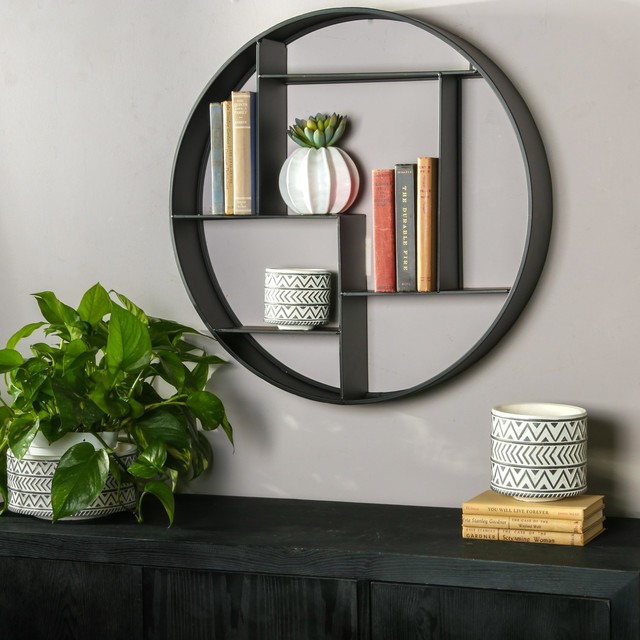 Round Metal Wall Shelf with 7 Slots and 2 Keyhole Hangers, Coated Black ...