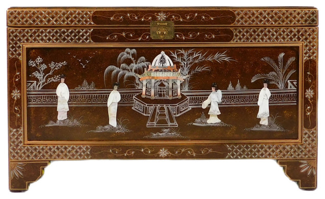 Large Brown Lacquer Oriental Mother of Pearl Storage Chest - Asian ...