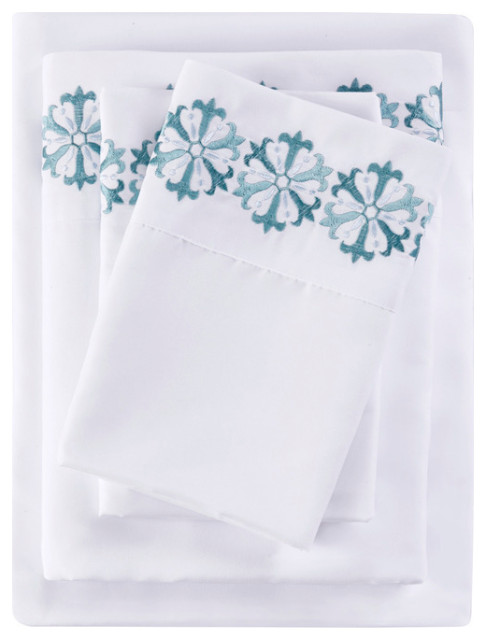Madison Park Embroidered Microfiber 4-Piece Sheet Set, Blue Blossom ...