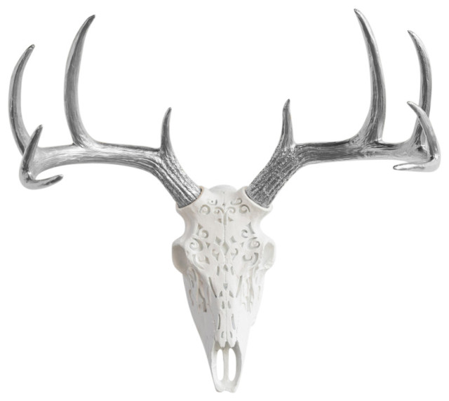 Faux Deer Skull Native American Carving Wall Decor, White and Silver ...