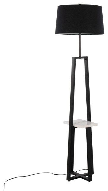 Cosmo Shelf Floor Lamp, White Marble/Black Metal With Black Linen Shade ...