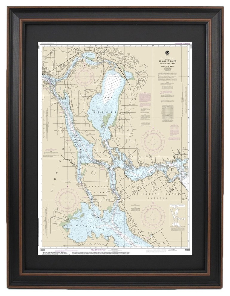 Poster Size Framed Nautical Chart, Michigan's St. Marys River, 26x36 ...