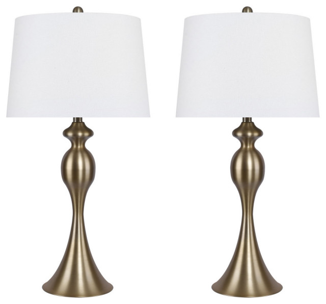 29.75" Plated Gold Table Lamps With White Linen Shades, Set of 2 ...