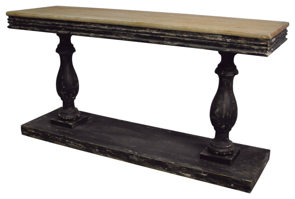 Narrow Console Table, Turned Pedestal Legs With Shelf, Distressed Black ...