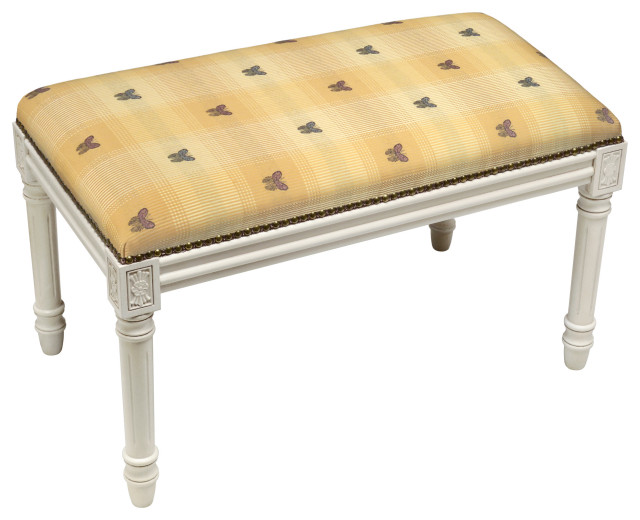 Yellow Butterfly Upholstered Wooden Bench, Antique White Wash ...