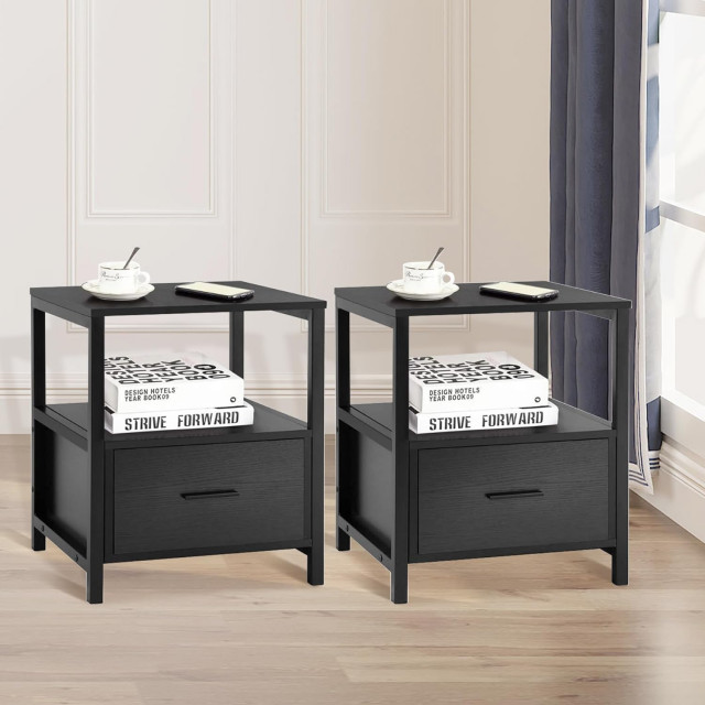 Set of 2 Modern Nightstand, Upper Open Shelf & Bottom Storage Drawer ...
