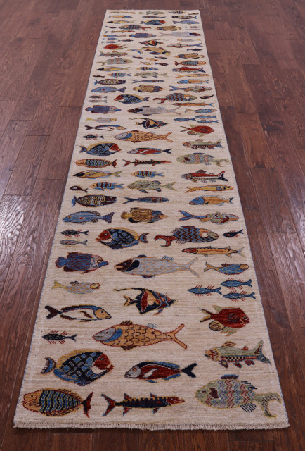 Runner Handmade Gabbeh Fish Design Wool Rug 2' 7" X 11' 7" - Q20585, 2 ...