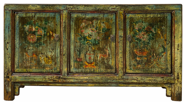 Chinese Distressed Olive Green Blue Graphic Sideboard TV Console ...