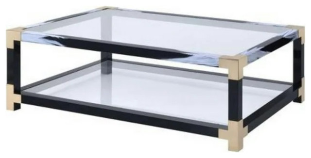 Unique Rectangular Metal Coffee Table with Glass Top, Shelf, and Gold ...