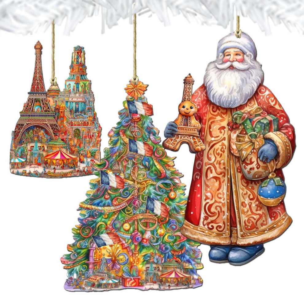 Santa Around the World French Santa Wooden Ornaments Set of 3 ...