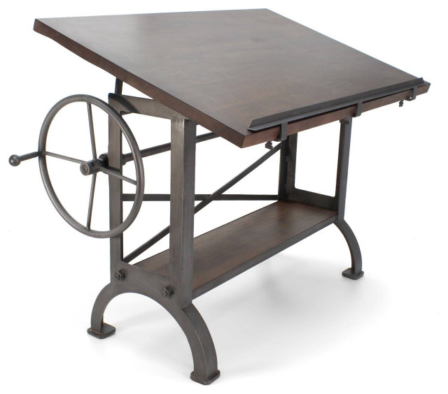 Millworks Vintage Industrial Tilt Crank Drafting Desk - Walnut Finish ...