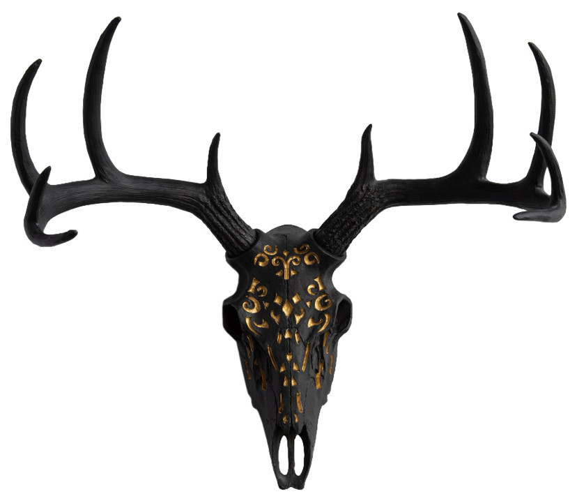 Faux Deer Skull Native American Carving Wall Decor, Black and Gold ...