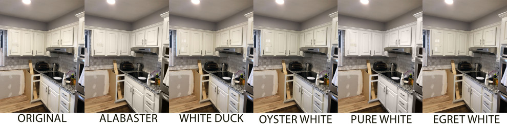 Outdated granite and backsplash. Best option for cabinet color?