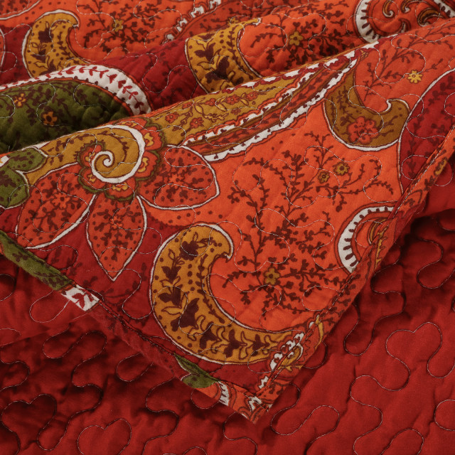 Paisley Print Twin Size Quilt Set with 1 Pillow Sham, Cinnamon Red ...