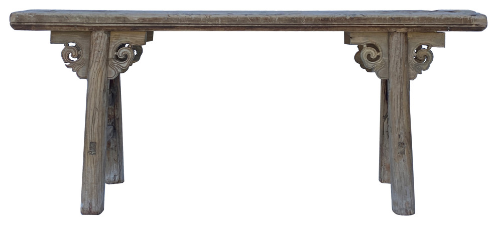 Chinese Rural Village Rustic Slim Scroll Apron Wood Seating Bench ...