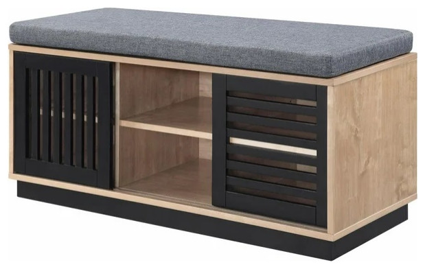 Oak-Espresso Storage Bench with Sliding Slatted Doors and Gray ...