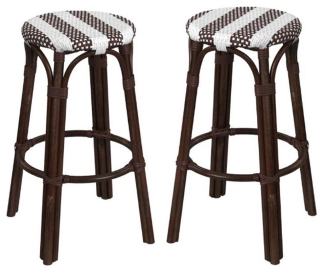 Home Square Rattan Backless Bar Stool in Coffee & White - Set of 2 ...