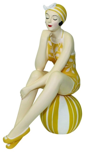 Retro Bathing Beauty Figurine Statue 1920s Swim Suit Beach Ball Yellow