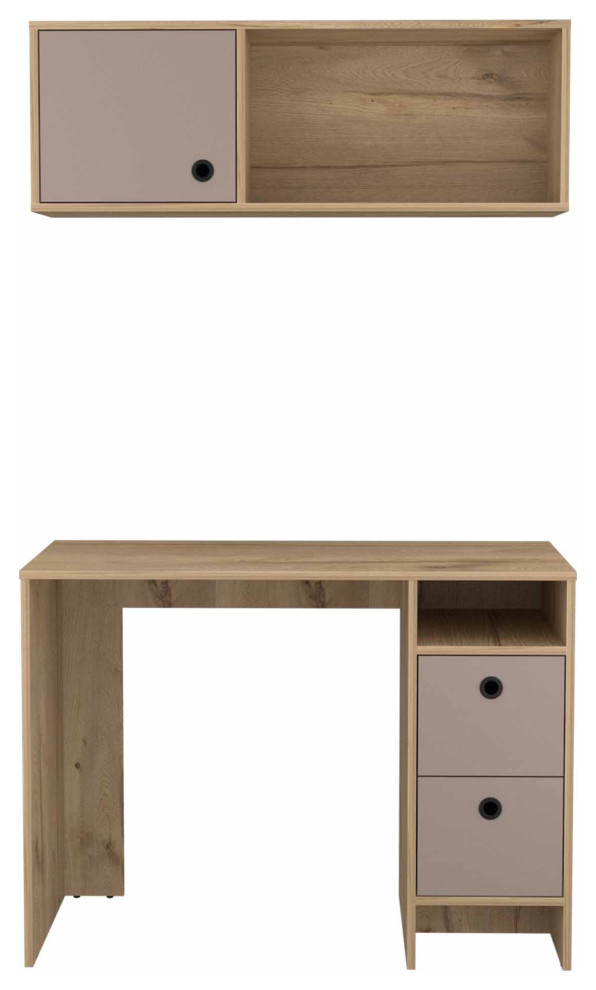 Tokyo Office Desk Set and with Wall Cabinet, Light Oak/ Taupe ...