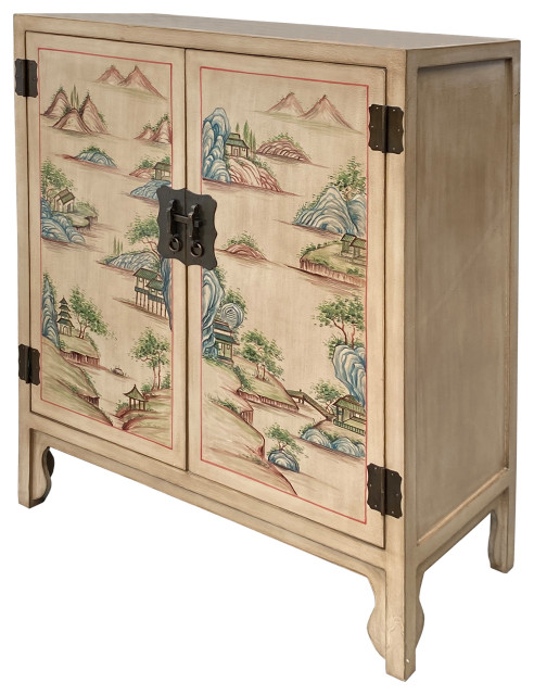 Chinese Distressed Beige Tan Water Mountain Graphic Credenza Cabinet ...