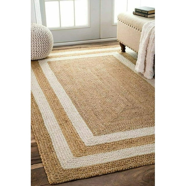 Handmade Pure Jute Area Rug with White Accents, Farmhouse Style Rug, 4 ...