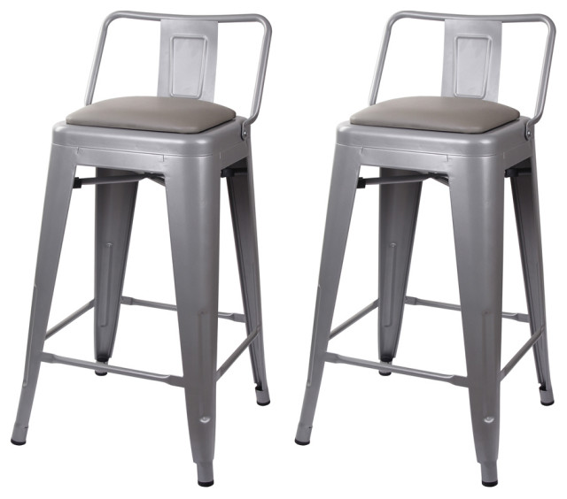 Metal Gray Bar Stools With Lowback Gray Vegan Leather Seat, Set of 2 ...