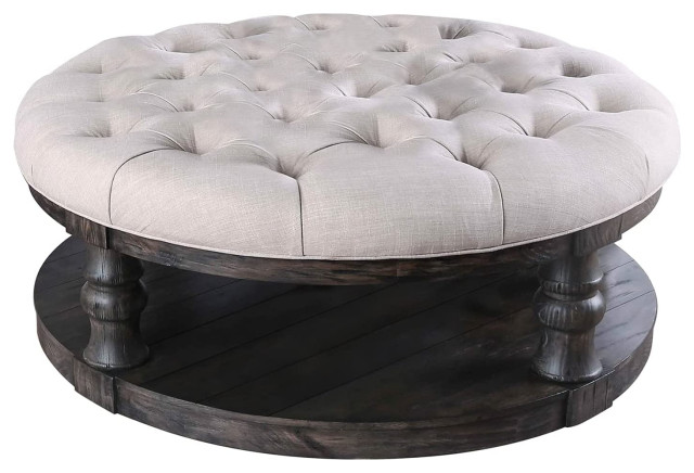 Rustic Coffee Table with Round Button Tufted Cushion Top and Lower ...