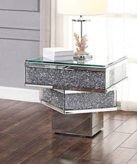 Unique Glam End Table, Mirrored Design With Faux Diamonds Inlay & Glass ...