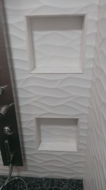 MASTER BATHROOM - Large Wave Tile Shower / Penny Tile Wainscot / Ikea ...