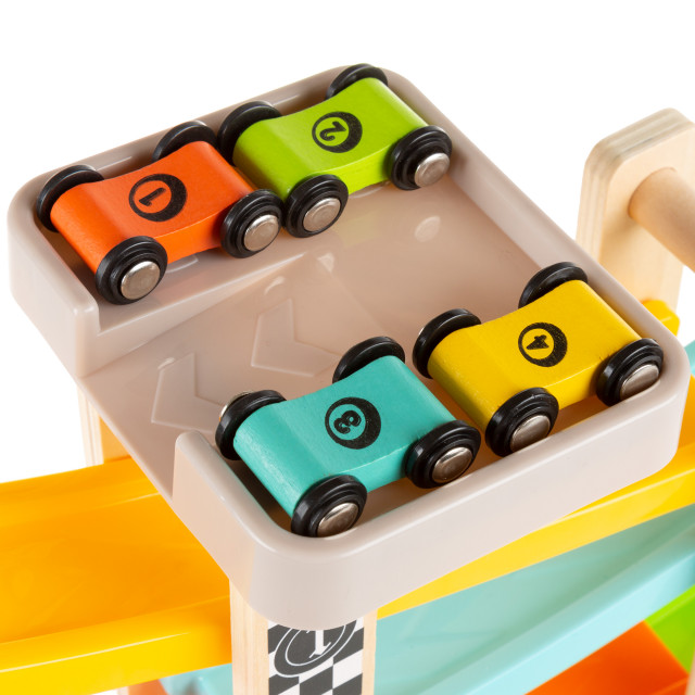 Toy Race Track and Racecar Set Wooden Car Racer With 4 Colorful Cars ...