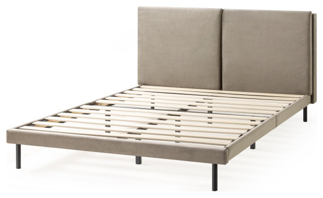 Modern Platform Bed, Latte Velvet Upholstery With Split Panel Headboard ...
