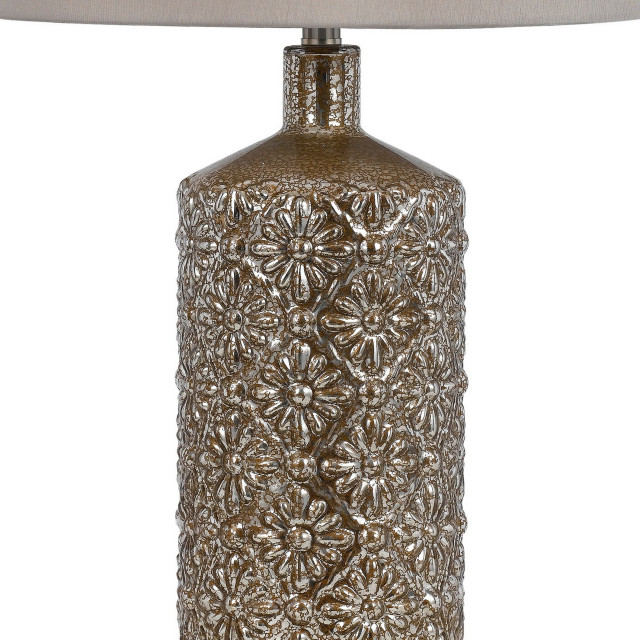 Glass Body Table Lamp with Floral Design and Fabric Shade, Gray and ...