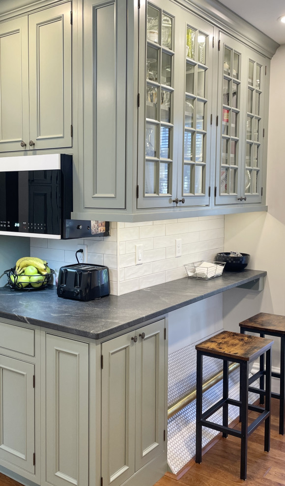 Light Green Custom Inset Kitchen With Virginia Mist Granite Counters ...