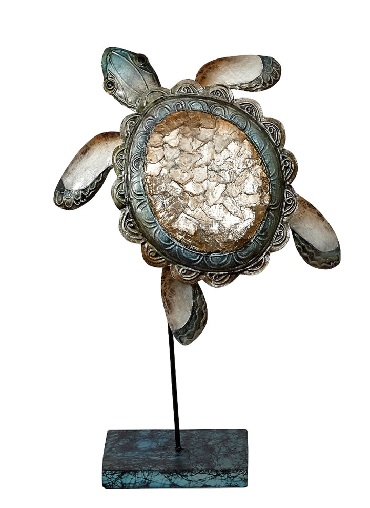 Metal and Capiz Shell Ruffleback Turtle on Stand - Beach Style ...