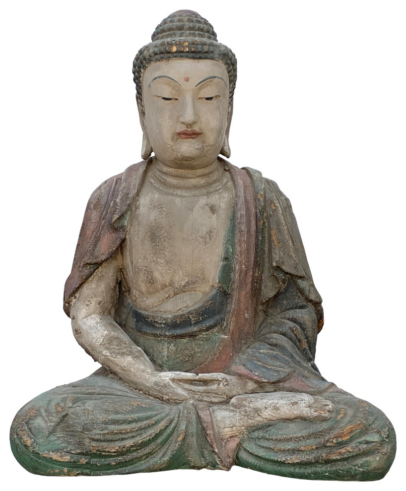 Large Chinese Rustic Wood Sitting Meditation Shakyamuni Buddha Statue ...