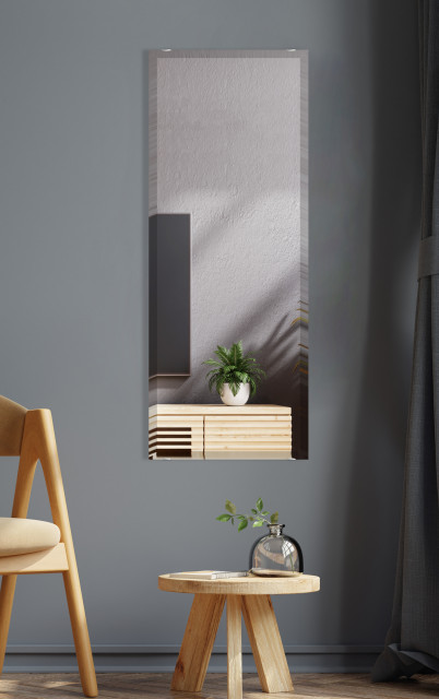 Modern Rustic Frameless Beveled Wall Mirror With Chrome Square Clips ...